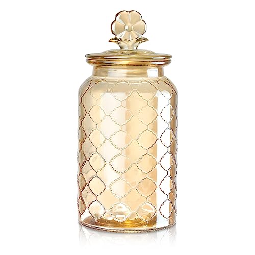 Joeyan 45 oz Amber Glass Storage Jar with Airtight Glass Lids,Vintage Embossed Glass Food Container,Decorative Kitchen Canister Organizer for Candy, Flour, Coffee Bean, Pet Treats