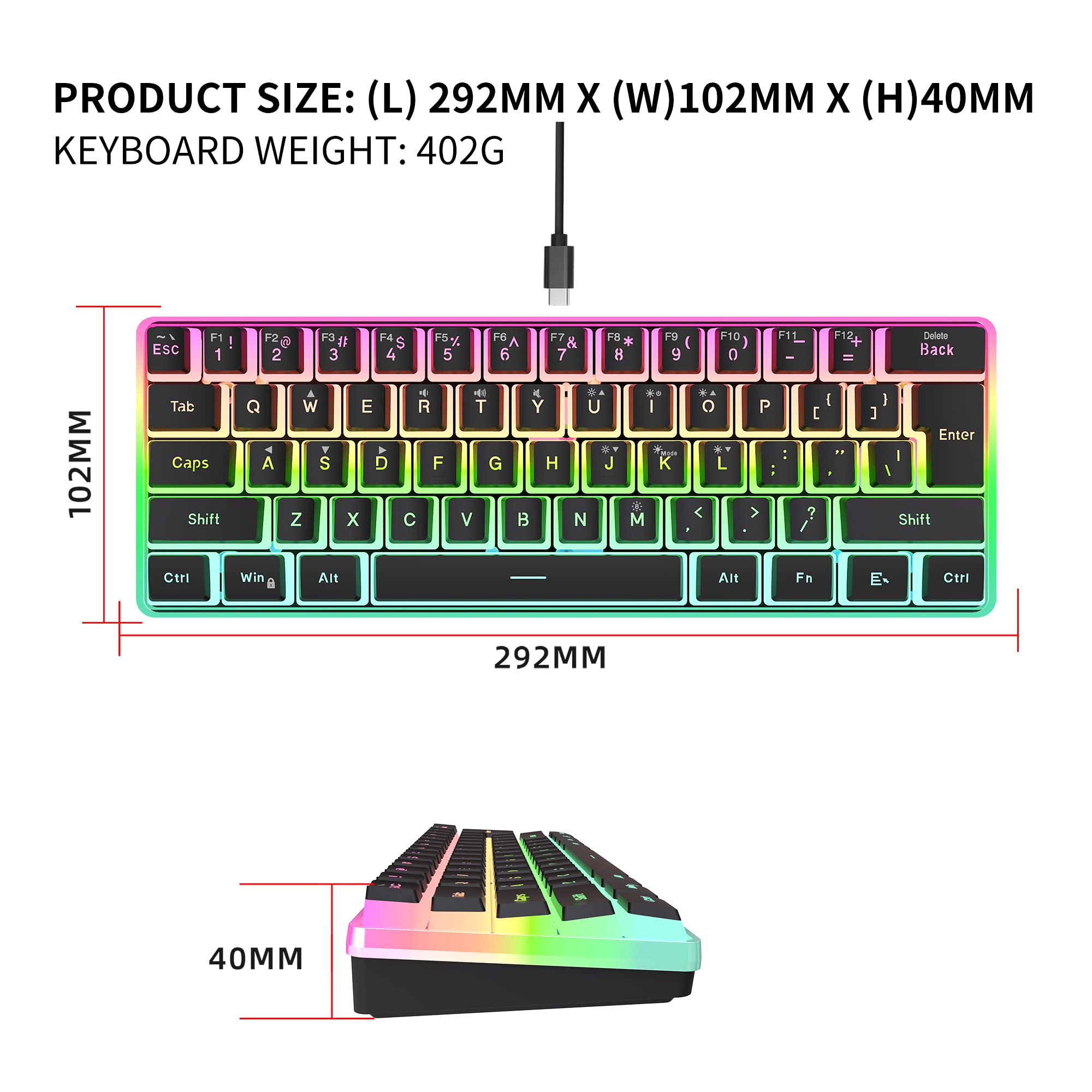 Snpurdiri 60% Wired Gaming Keyboard, Pudding Keycaps with Translucent Layer,RGB Ultra-Compact Mini Keyboard, Waterproof Small 61 Keys Keyboard for Office/Gaming(Black)