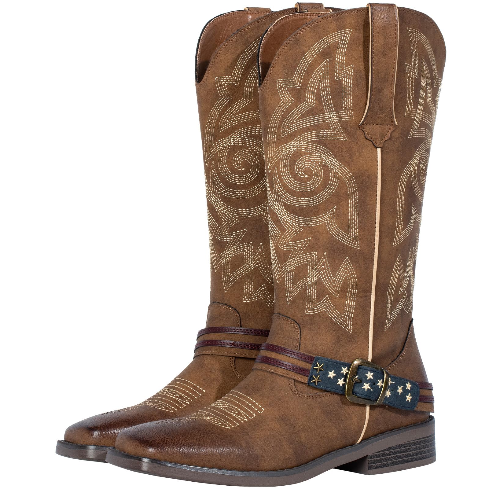 J's.o.l.e Women's Fashion Western Cowgirl Cowboy Boots Wide Square Toe Mid Calf US Size 9.5