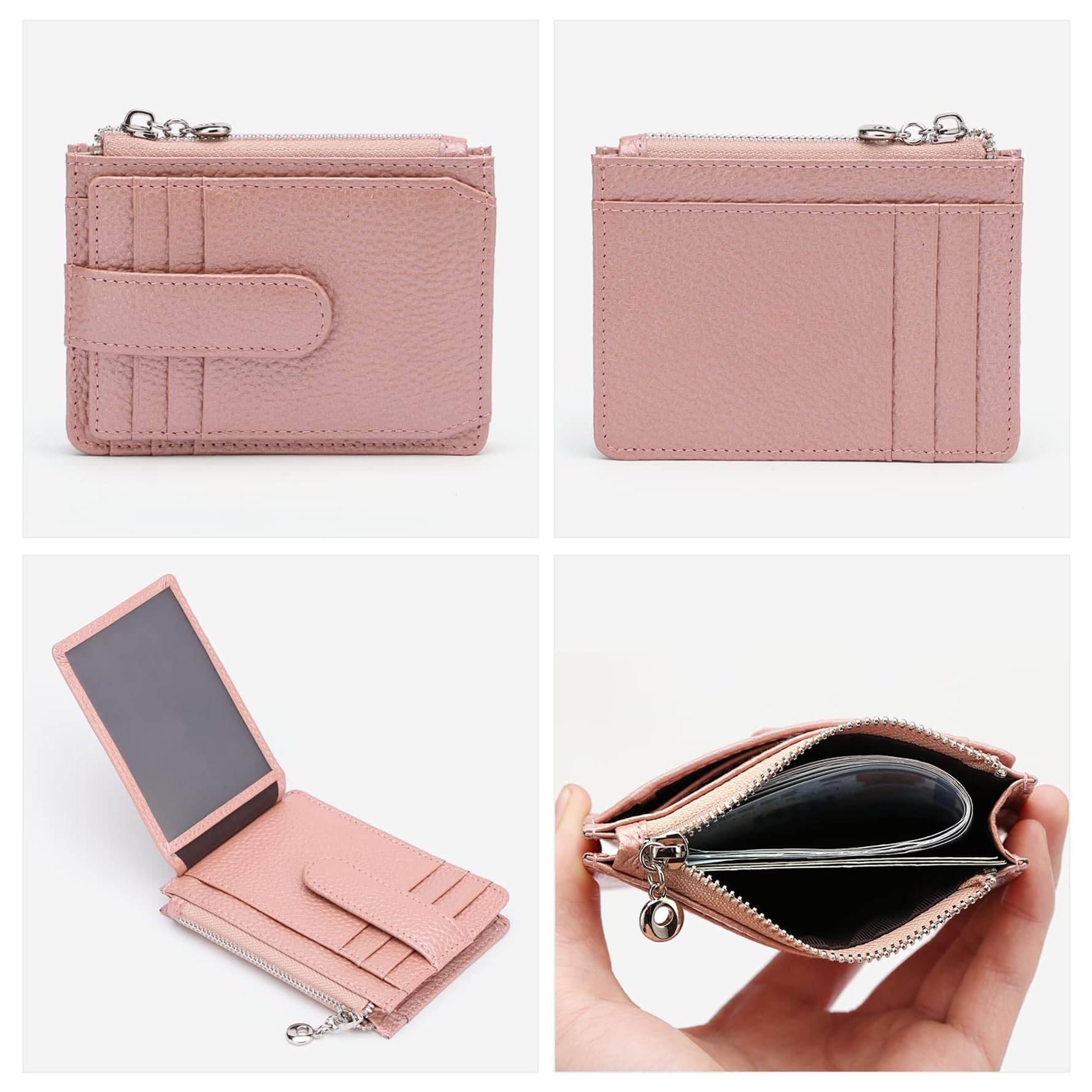 Fependu Slim Wallet for Women Thin Womens Card Holder RFID Blocking Genuine Leather Small Wallets Pearl Pink