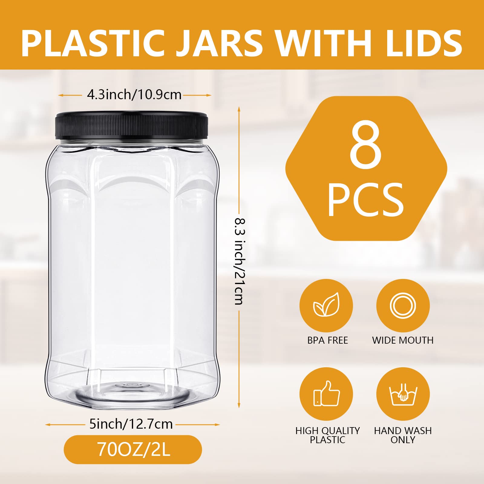 8 Pieces Large Clear Plastic Jars with Lids 70 oz Empty Storage Containers Hexagon Wide Opening Airtight Plastic Canisters with Lids for Kitchen Dry Food, Snacks, Flour, Sugar, Dog Food, Spice