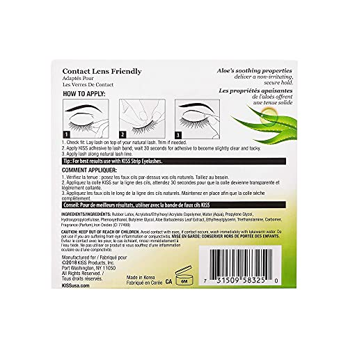 KISS Black Strip Lash Adhesive with Aloe, Dermatologist Tested, Formaldehyde Free, Non-Irritant, Contact Lens Friendly, Secure Hold, Contains Latex, with Control Nozzle Tip, 0.24 Ounce