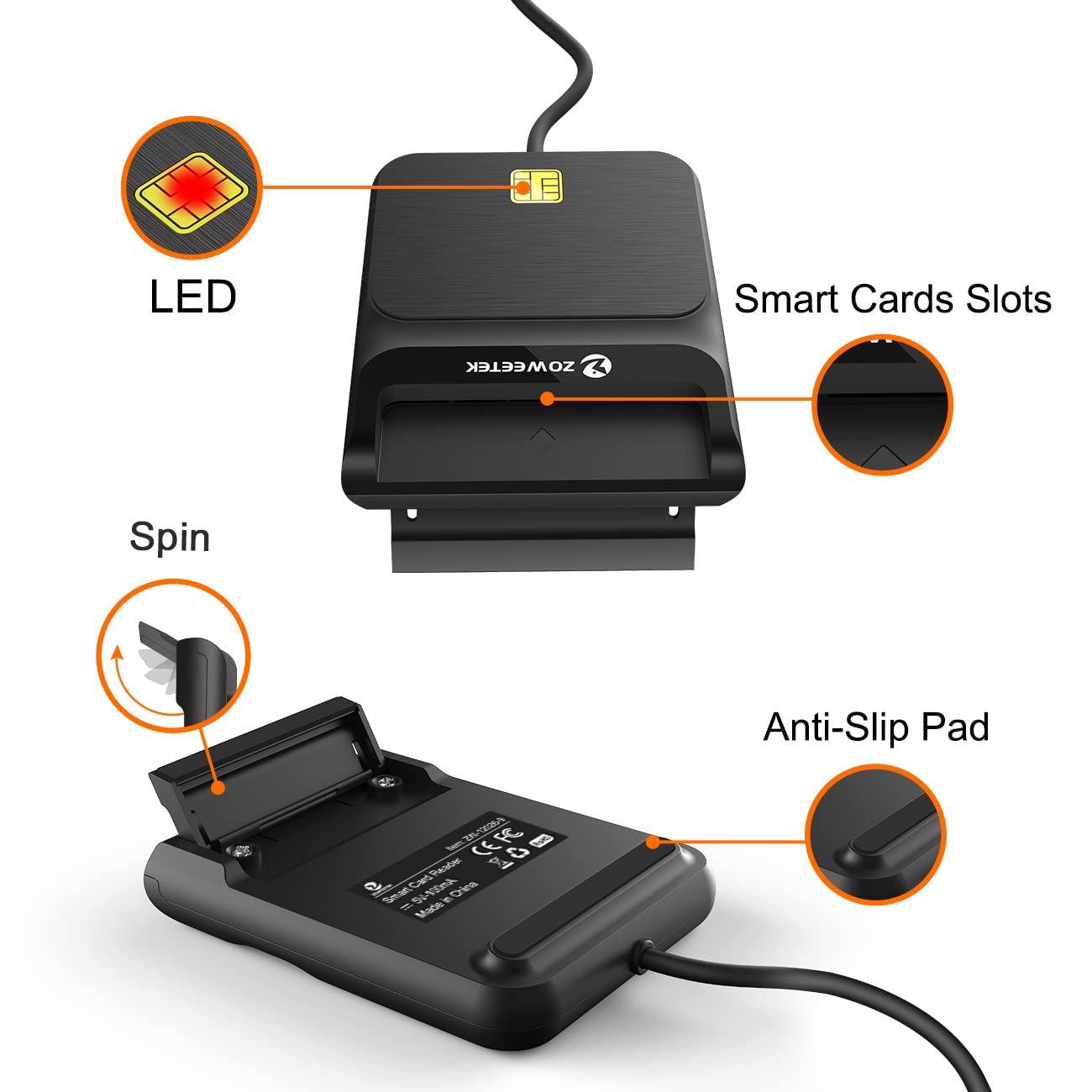 ZOWEETEK USB Smart Card Reader, CAC Card Reader Military, Compatible with Windows, Mac OS and Linux