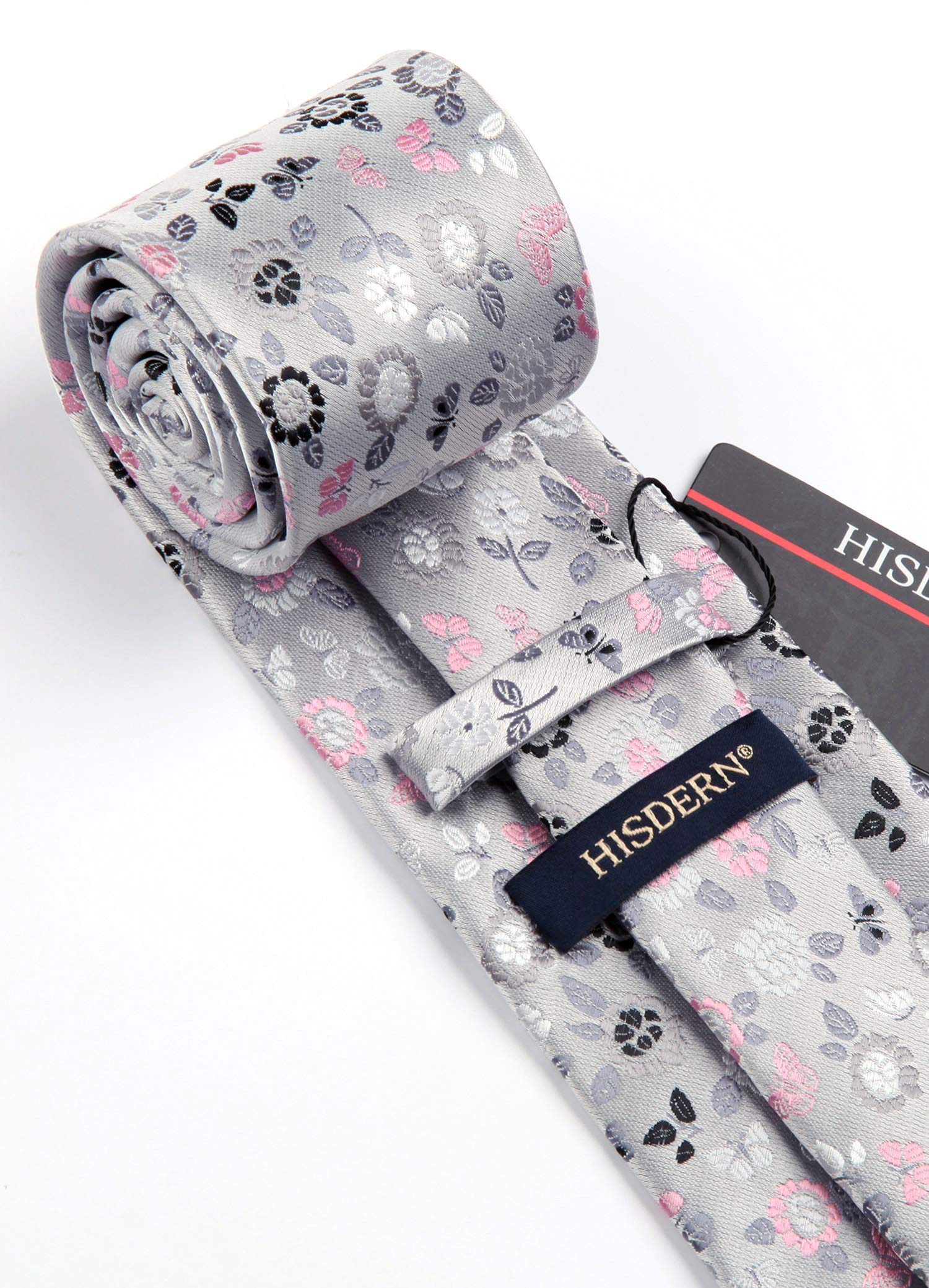 HISDERN Check Floral Dot Tie Handkerchief Wedding Party Woven Classic Men's Necktie & Pocket Square Set,Gray & Pink,One Size