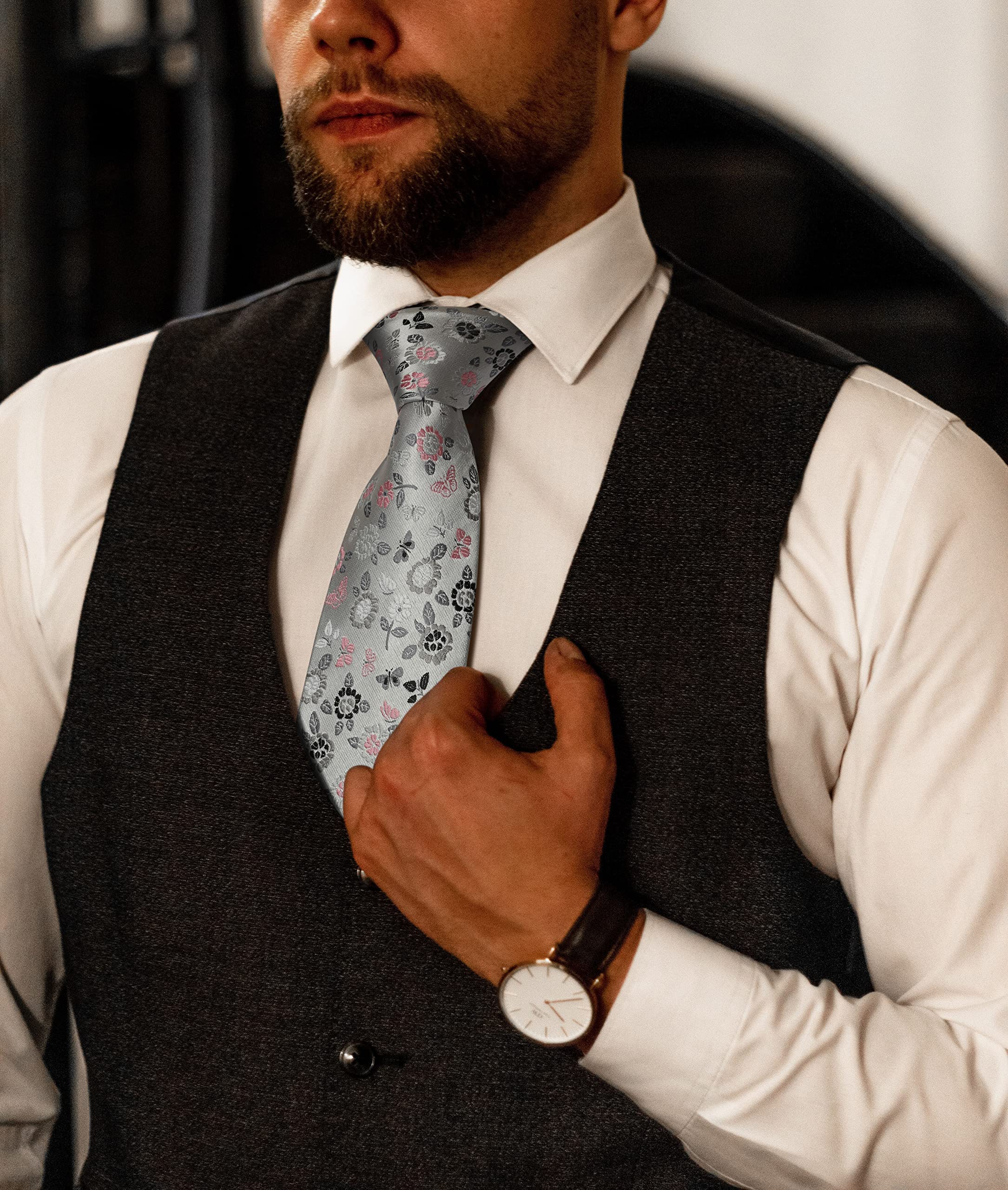 HISDERN Check Floral Dot Tie Handkerchief Wedding Party Woven Classic Men's Necktie & Pocket Square Set,Gray & Pink,One Size