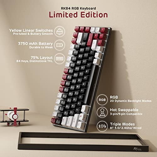 RK ROYAL KLUDGE RK84 RGB Limited Ed, 75% Triple Mode BT5.0/2.4G/USB-C Hot Swappable Mechanical Keyboard, 84 Keys Wireless Gaming Keyboard, RK Yellow Switch, Americano Black
