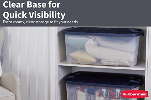 Rubbermaid 28 Gallon Jumbo Clear Tote, Stackable, Large Capacity, Home, Garage, and Office Storage Organizers, Durable Snap-Tight Lids, Clear Bins/Dark Indigo Metallic Lids, Pack of 2