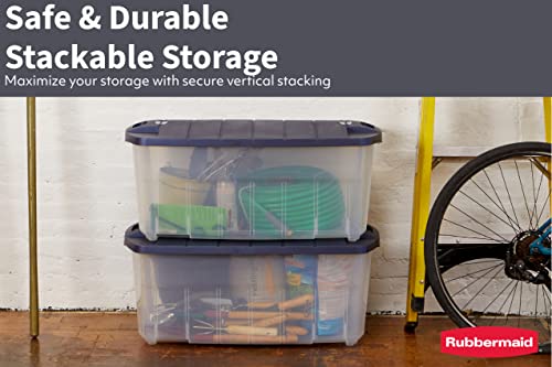 Rubbermaid 28 Gallon Jumbo Clear Tote, Stackable, Large Capacity, Home, Garage, and Office Storage Organizers, Durable Snap-Tight Lids, Clear Bins/Dark Indigo Metallic Lids, Pack of 2
