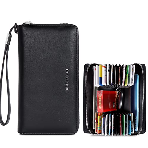Geestock Large Capacity Credit Card Wallet, 24 Slots RFID Blocking Leather Card Holder Wallets, Zipper Organizer Accordion Wallet for Women Men, Black