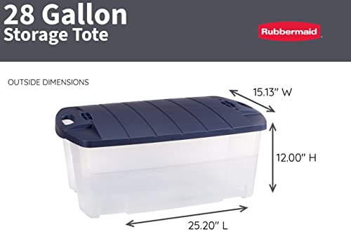 Rubbermaid 28 Gallon Jumbo Clear Tote, Stackable, Large Capacity, Home, Garage, and Office Storage Organizers, Durable Snap-Tight Lids, Clear Bins/Dark Indigo Metallic Lids, Pack of 2