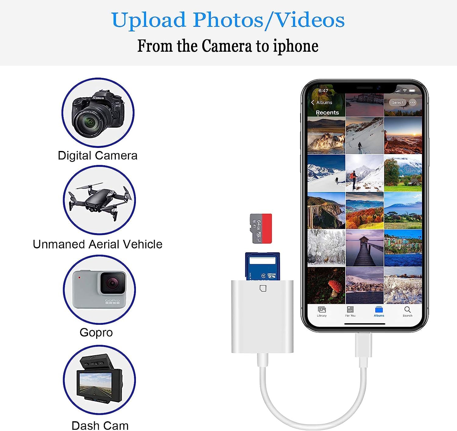 Lightning to SD Card Camera Reader for iPhone iPad,(Apple MFi Certified) SD Card Reader for iPhone,Trail Camera Viewer SD Memory Card Reader Adapter for iPhone 14/13/12/11/XS/XR/X/8/7/iPad,Plug & Play