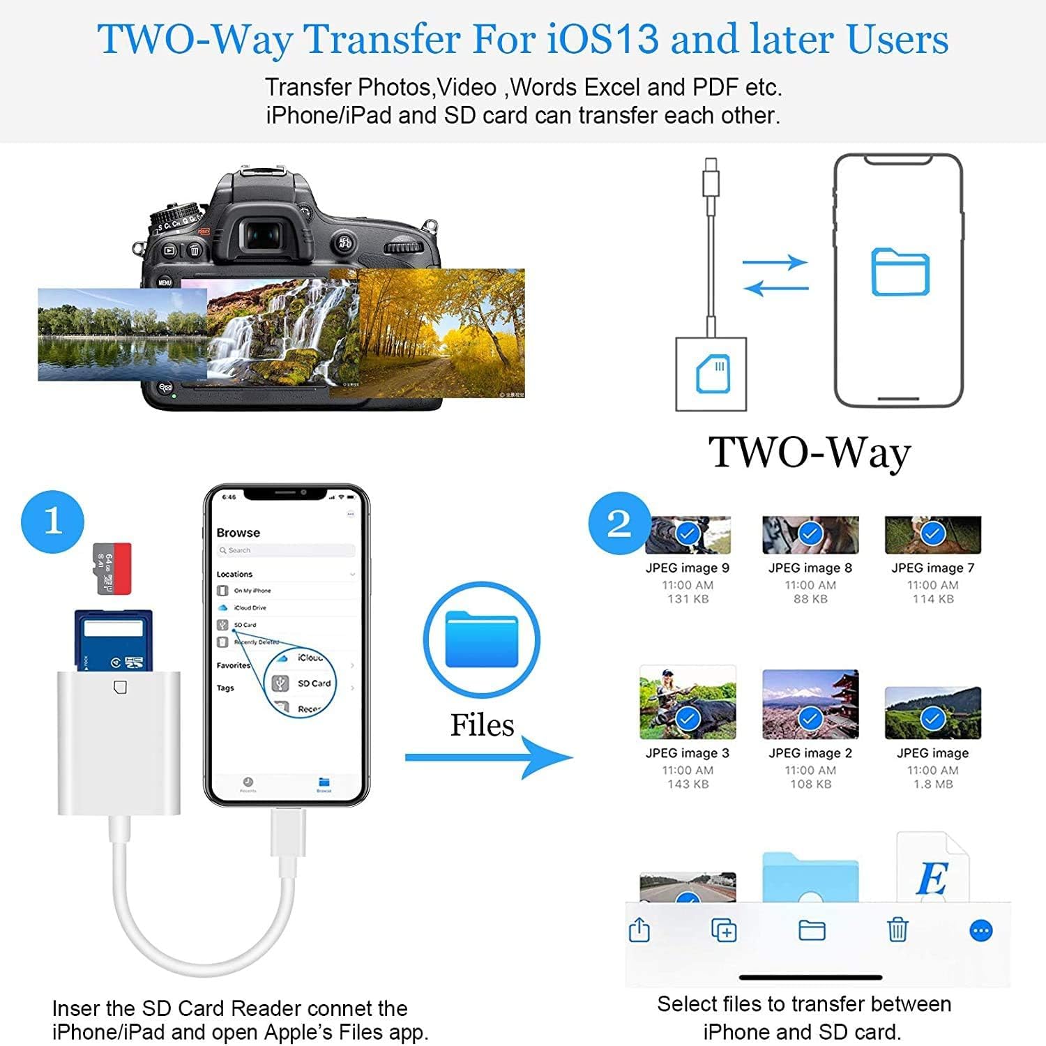 Lightning to SD Card Camera Reader for iPhone iPad,(Apple MFi Certified) SD Card Reader for iPhone,Trail Camera Viewer SD Memory Card Reader Adapter for iPhone 14/13/12/11/XS/XR/X/8/7/iPad,Plug & Play