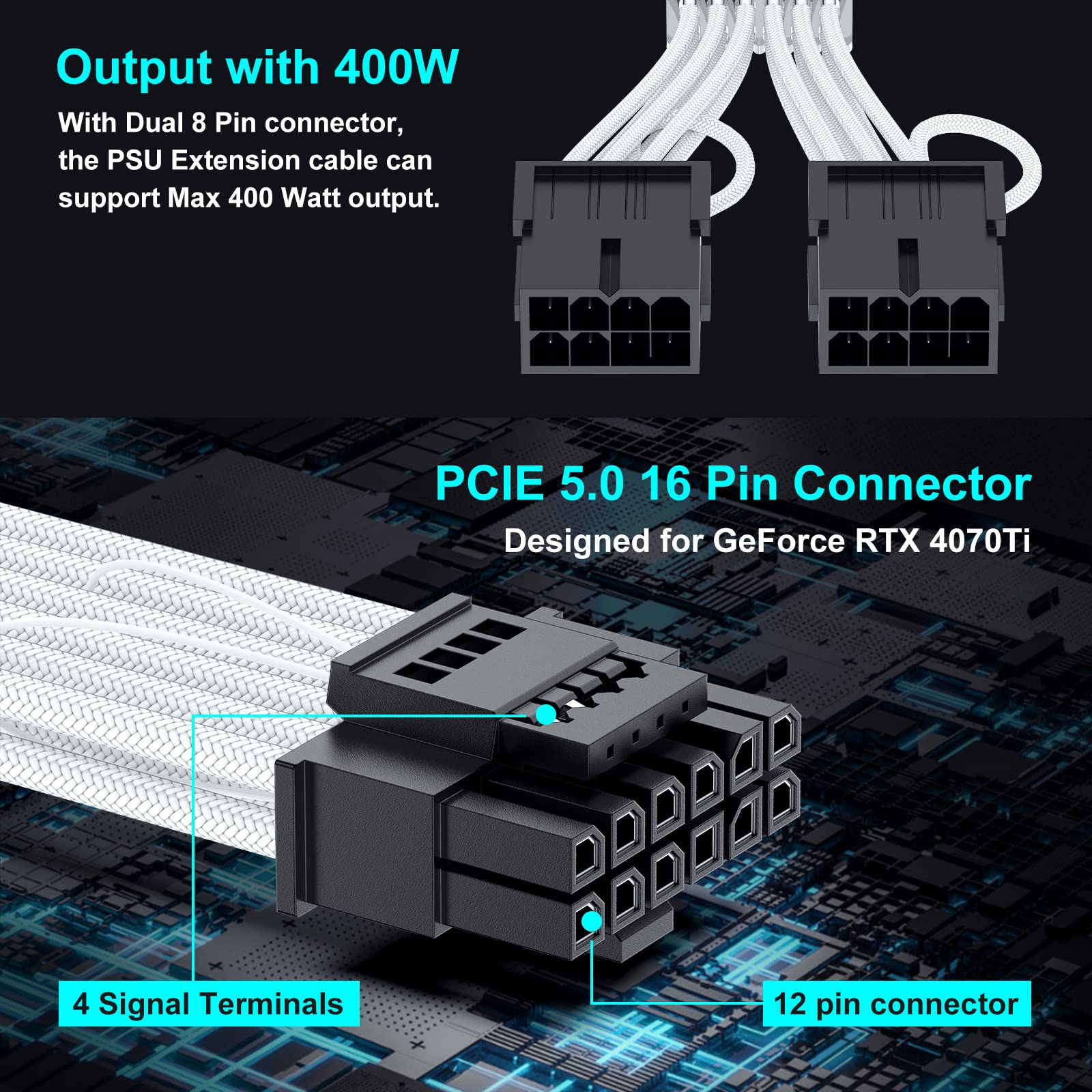 Bangfun 16Pin RTX 4070Ti GPU Power Adapter Cable, PCI-e 5.0 16Pin(12+4) to 2x8Pin Male to Female 12VHPWR Extension Cable Design for Geforce RTX 4070 Super 4070Ti 5070 5080-13 Inch White
