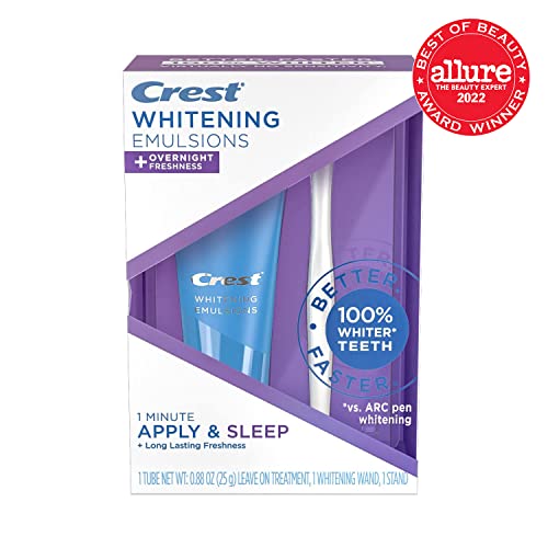 Crest Whitening Emulsions Leave-On Teeth Whitening Gel Kit + Overnight Freshness with Wand Applicator and Stand, Apply & Sleep, 0.88 Oz