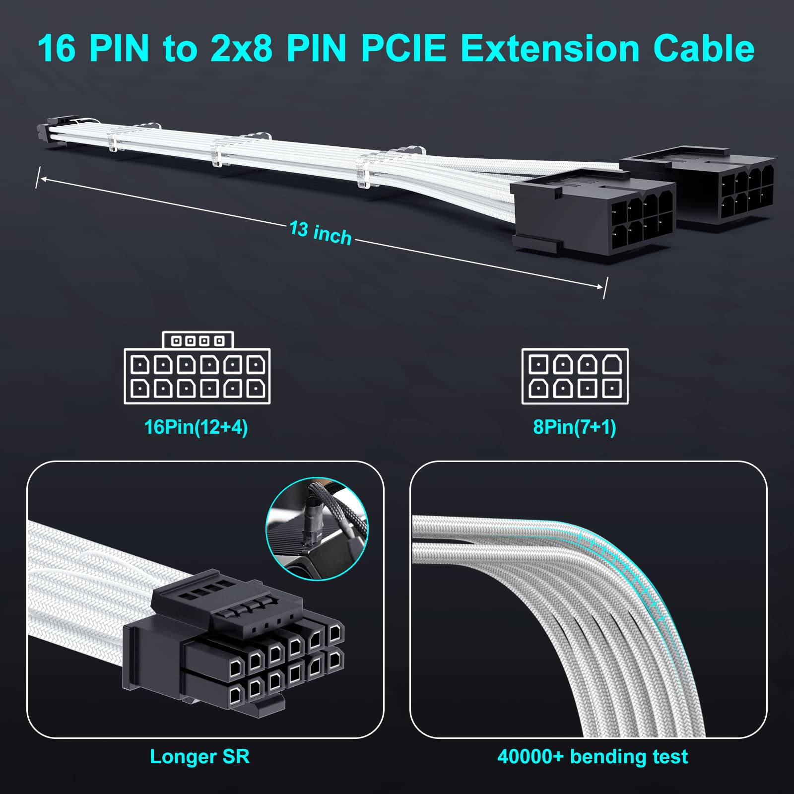 Bangfun 16Pin RTX 4070Ti GPU Power Adapter Cable, PCI-e 5.0 16Pin(12+4) to 2x8Pin Male to Female 12VHPWR Extension Cable Design for Geforce RTX 4070 Super 4070Ti 5070 5080-13 Inch White