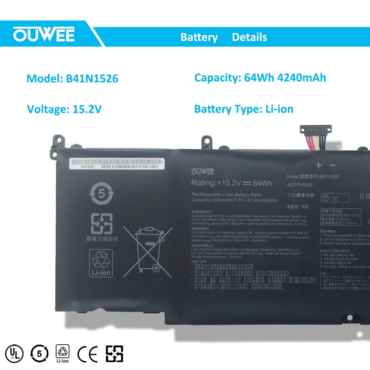 OUWEE B41N1526 Laptop Battery Compatible with Asus FX502VM FX60VM FX502VM-AS73 FX502VM-FY361T ROG Strix GL502VT GL502VT-DS74 GL502VM-FY039T S5 S5V S5VM Series Notebook 0B200-0194000 15.2V 64Wh 4240mAh