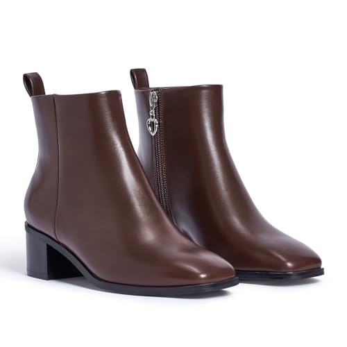 GENSHUO Ankle Boots for Women 2 Inch Low Chunky Heeled Square Toe Booties with Side Zipper Fall Winter Fashion Comfy Block Chelsea Boots Brown Size 8