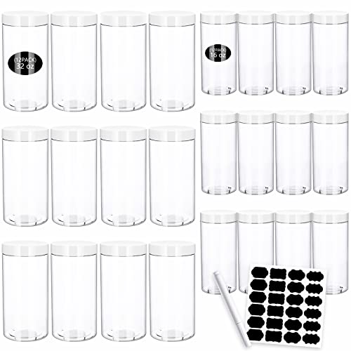 PLastic jars with lids 32 OZ & 16 OZ 24 Pcs Clear Plastic Storage Jars Containers with Airtight White Plastic Screw On Lids Cylinder Large Round Jars Easy Clean for Household and Kitchen Organizing