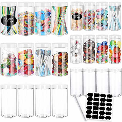 PLastic jars with lids 32 OZ & 16 OZ 24 Pcs Clear Plastic Storage Jars Containers with Airtight White Plastic Screw On Lids Cylinder Large Round Jars Easy Clean for Household and Kitchen Organizing