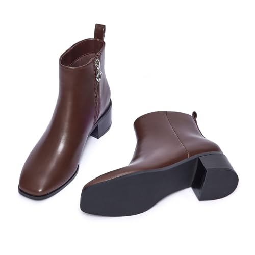 GENSHUO Ankle Boots for Women 2 Inch Low Chunky Heeled Square Toe Booties with Side Zipper Fall Winter Fashion Comfy Block Chelsea Boots Brown Size 8