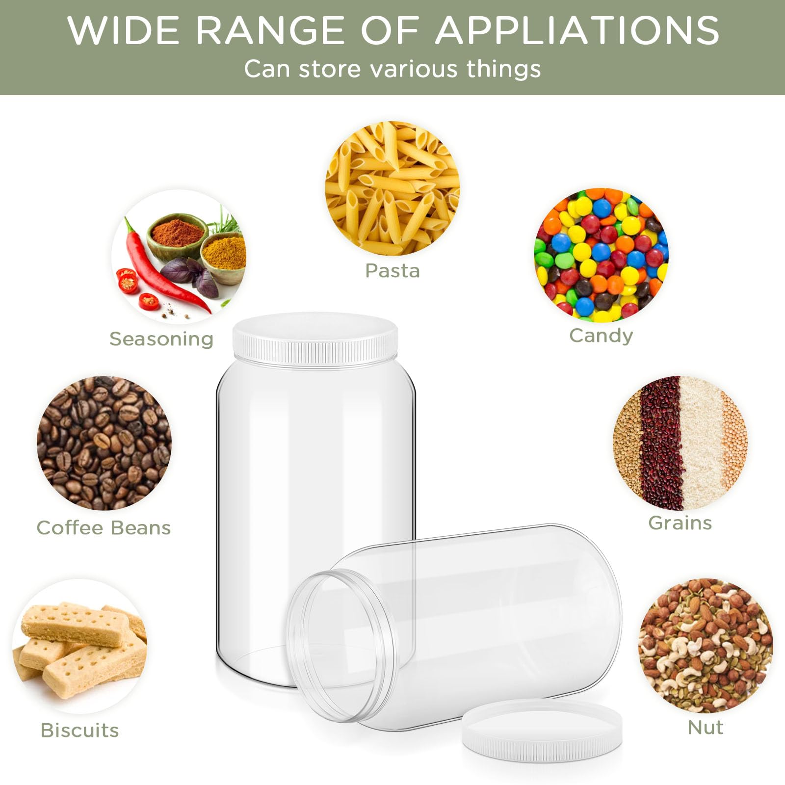 Dandat 8 Pcs 1 Gallon Clear Plastic Jars Airtight Pantry Large Mouth Jars Plastic Jug Cylinder Containers with Lids for Candy Butter Honey Sugar Cookies Arts Crafts Bartender Kitchen(White Lids)