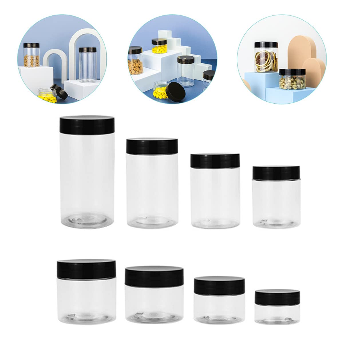 DITUDO 8pcs Assorted Juicing Clear Fruit Jars Ml+ Container Cereal Lip Sample Home Food Wild- Powder Balm Eye Canisters Storage Tea Cylinders Mouth Face Transparent Lids Cosmetics Shadow