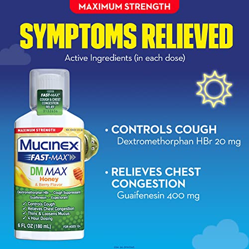 Mucinex Fast-Max Maximum Strength DM MAX, Symptom Relief, Cough Suppressant and Expectorant, Honey & Berry Flavor, 6 FL OZ
