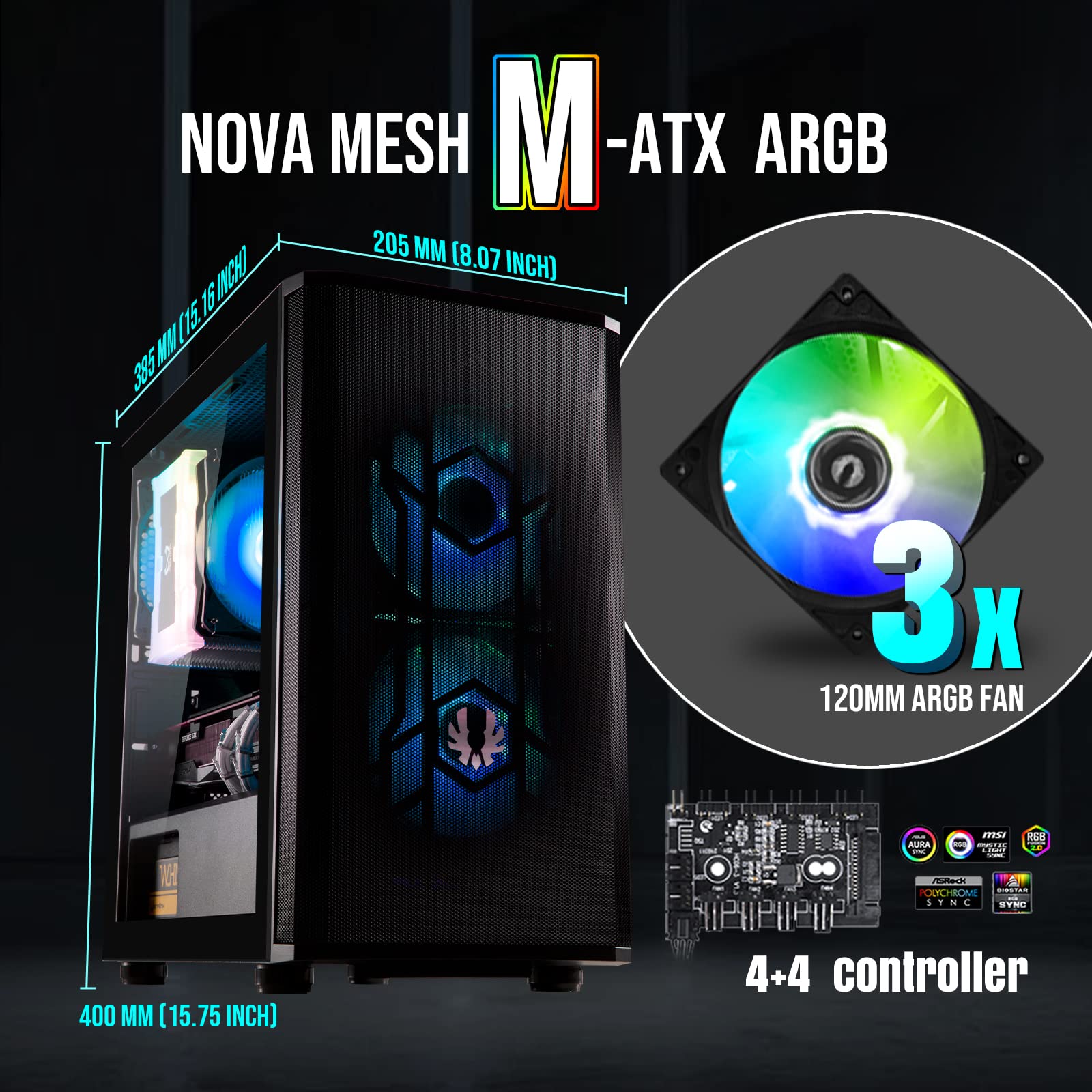 BitFenix Nova Mesh mATX (Micro ATX, Mini ITX) High Airflow PC Gaming Case ARGB Edition Black, 3 x ARGB Fans Pre-Installed, 240mm AIO Support at Top, GPU Length Support Up to 345mm (Micro ATX Black)
