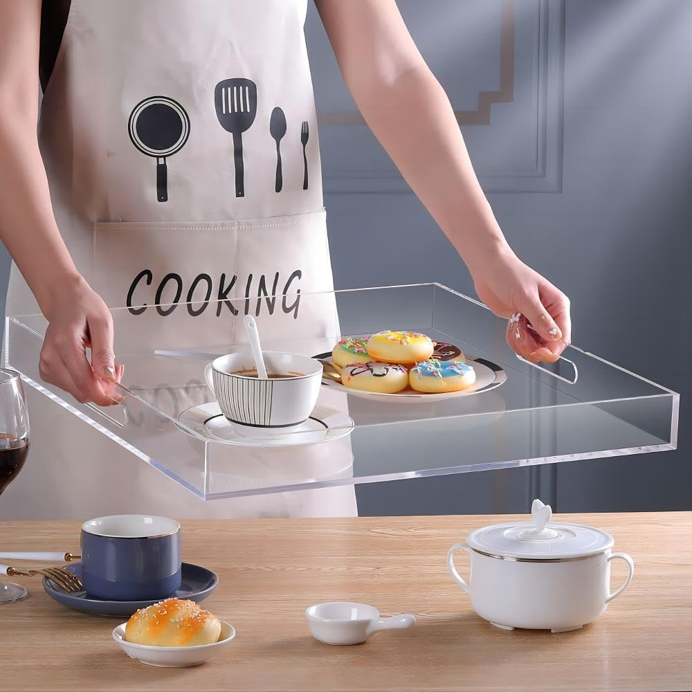 YFYCUSA Clear Acrylic Tray 10"x10" in, Serving Tray with Handles, Acrylic Trays for Serving, Spill Proof, Coffee Trays, Serving Trays, Food Trays, Ottoman Dressing Tables, Square Tray
