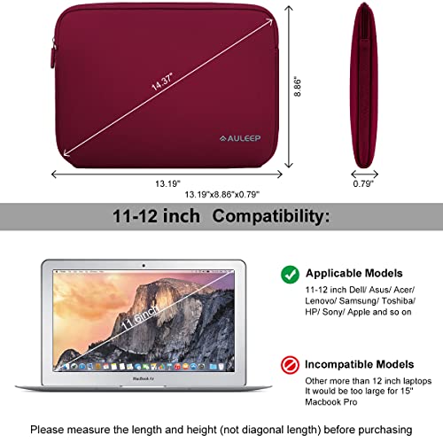 AULEEP 11-12 Inch Laptop Sleeves, Neoprene Notebook Computer Pocket Tablet Carrying Sleeve/Water-Resistant Compatible Laptop Sleeve for Acer/Asus/Dell/Lenovo/HP, Wine Red