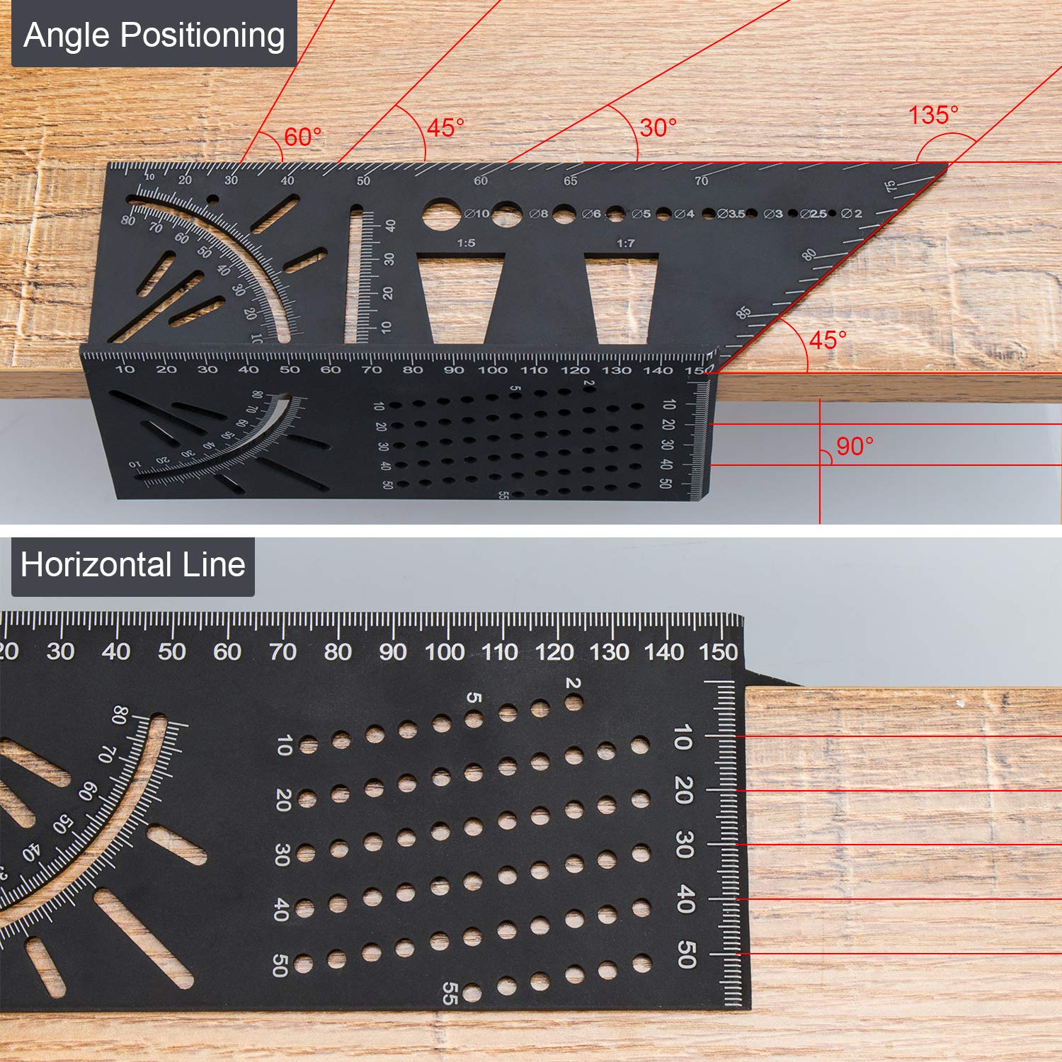 Woodworking Carpenter Square Rule,Baowox 3D Aluminum Alloy Angle Measuring Tool, Multifunction Angle Finder Woodworking Tools or Engineers Carpenters (Black)