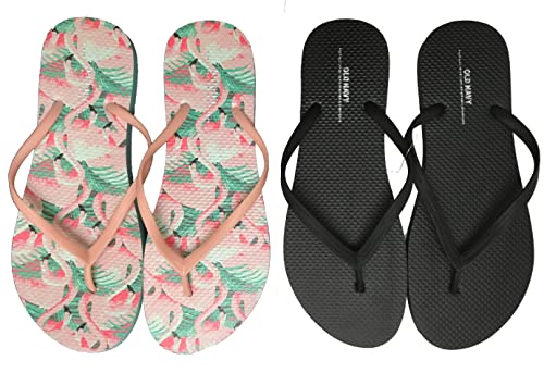 Old Navy Flip Flop Sandals for Woman, Great for Beach or Casual Wear (8 Flamingo And Black Flip Flops) with Dust Cover