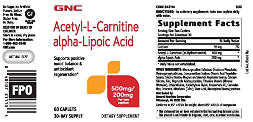 GNC Acetyl-L-Carnitine Alpha-Lipoic Acid 500mg / 200mg - 60 Caplets