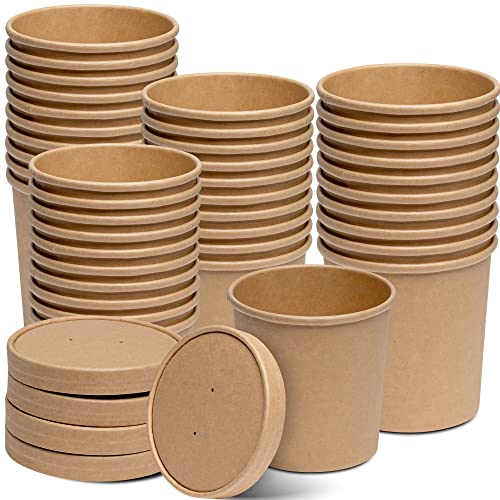 Comfy Package [50 Sets] 16 oz. Paper Food Containers With Vented Lids, To Go Hot Soup Bowls, Disposable Ice Cream Cups, Kraft