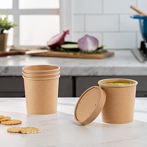 Comfy Package [50 Sets] 16 oz. Paper Food Containers With Vented Lids, To Go Hot Soup Bowls, Disposable Ice Cream Cups, Kraft