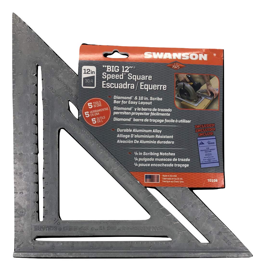 Swanson Tool Co., Inc Swanson T0108 Big 12 Speed Square Layout Tool with Blue Book, Plain gradations, 12-Inch