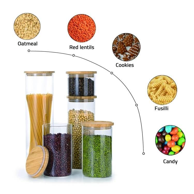 GC GENICOOK Glass Food Storage Jars,Spaghetti Pasta Storage Container,Borosilcate Glass Canister Set with Eco-Friendly Bamboo Lids for Noodles Flour Cereal Coffee Beans - 10 pc set