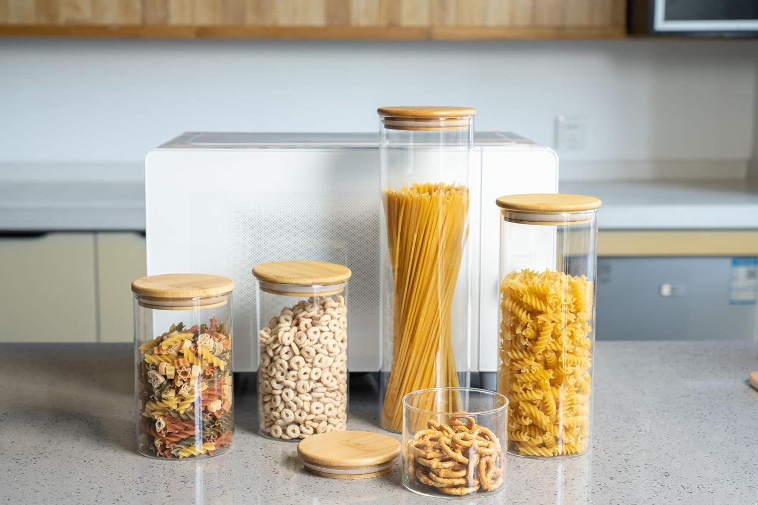 GC GENICOOK Glass Food Storage Jars,Spaghetti Pasta Storage Container,Borosilcate Glass Canister Set with Eco-Friendly Bamboo Lids for Noodles Flour Cereal Coffee Beans - 10 pc set