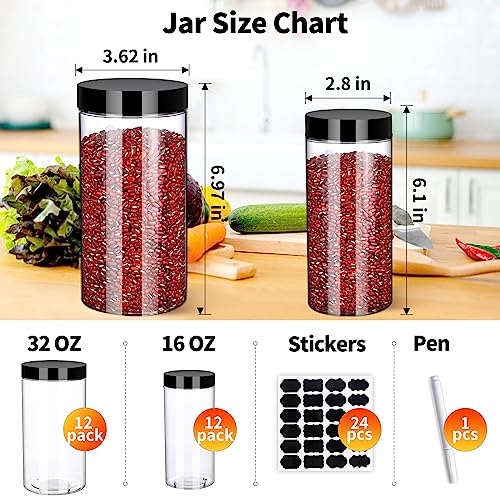 PLastic jars with lids 32 OZ & 16 OZ 24 PACK,Eiark Clear Plastic Storage Jars Containers with Airtight Black Plastic Screw On Lids Cylinder Large Round Jars Easy Clean for Household and Kitchen