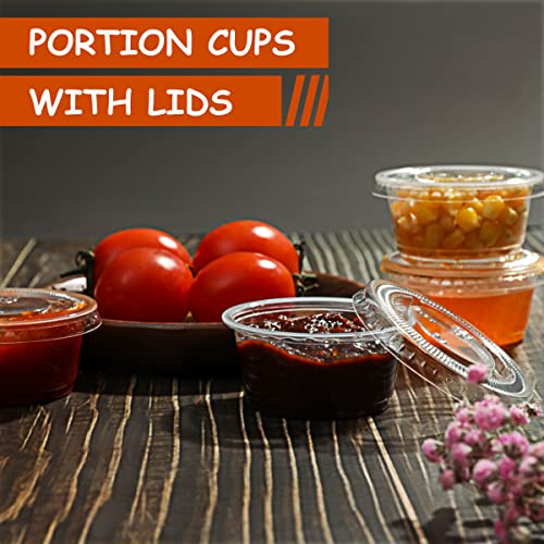 BHYTAKI Jello Short Cups, 200 Sets - 2 oz Disposable Plastic Portion Cups with Lids, Souffle Cups, Clear Plastic Containers With Lids, Condiment Cups, Sauce Cups,Disposable Souffle Cups.(2 oz)