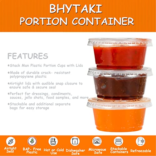 BHYTAKI Jello Short Cups, 200 Sets - 2 oz Disposable Plastic Portion Cups with Lids, Souffle Cups, Clear Plastic Containers With Lids, Condiment Cups, Sauce Cups,Disposable Souffle Cups.(2 oz)