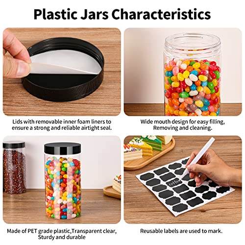 PLastic jars with lids 32 OZ & 16 OZ 24 PACK,Eiark Clear Plastic Storage Jars Containers with Airtight Black Plastic Screw On Lids Cylinder Large Round Jars Easy Clean for Household and Kitchen