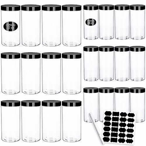PLastic jars with lids 32 OZ & 16 OZ 24 PACK,Eiark Clear Plastic Storage Jars Containers with Airtight Black Plastic Screw On Lids Cylinder Large Round Jars Easy Clean for Household and Kitchen