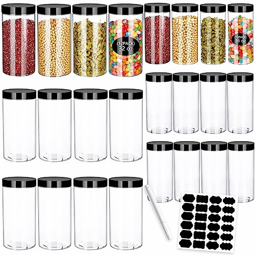PLastic jars with lids 32 OZ & 16 OZ 24 PACK,Eiark Clear Plastic Storage Jars Containers with Airtight Black Plastic Screw On Lids Cylinder Large Round Jars Easy Clean for Household and Kitchen