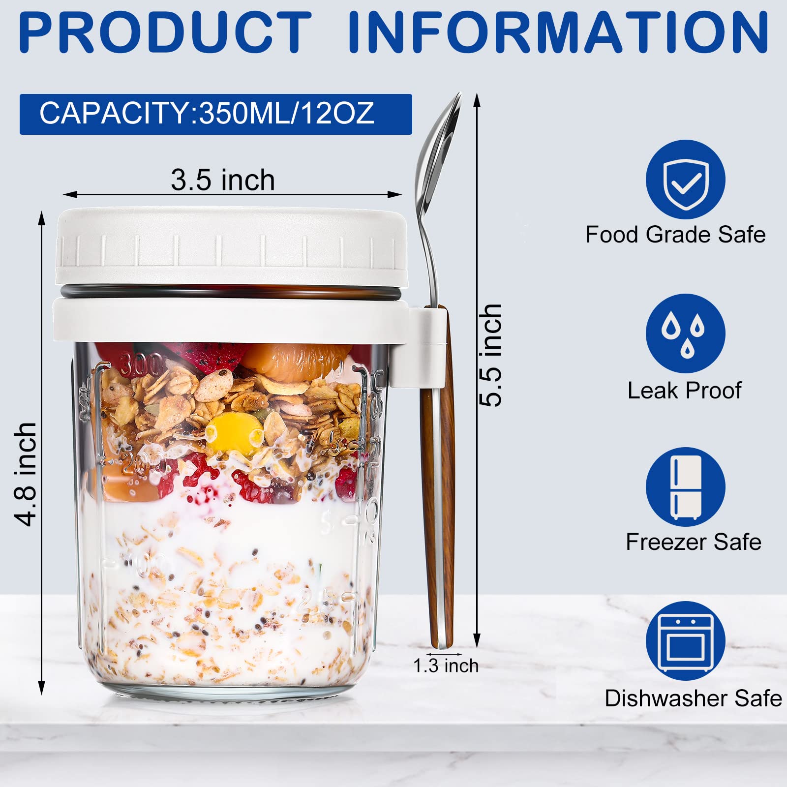 Irenare 9 Pcs Overnight Oats Containers with Lids and Spoons 12 oz Overnight Oats Jars Oatmeal Container Glass Mason Jars for Overnight Oats Meal Prep Yogurt Salad Fruit