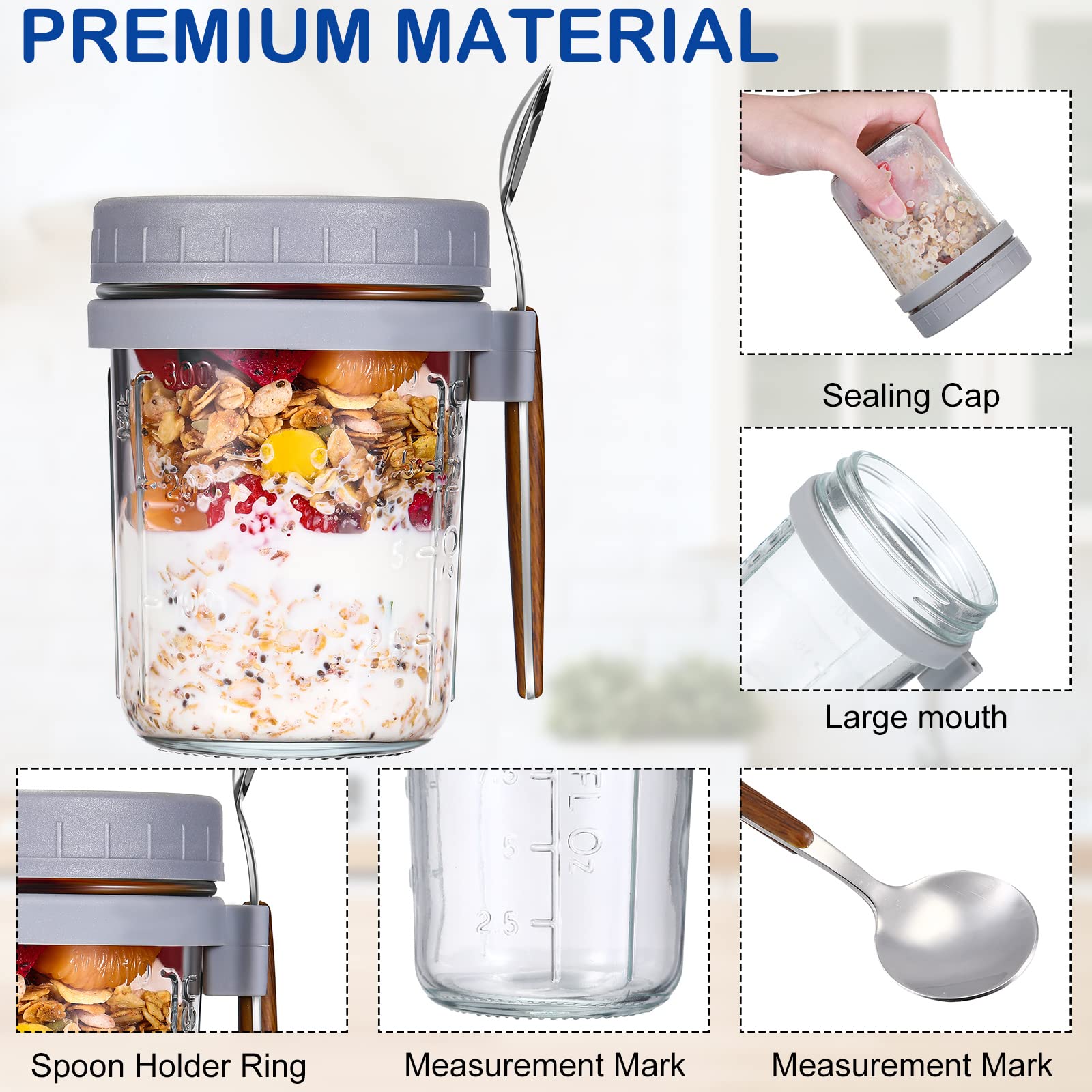 Irenare 9 Pcs Overnight Oats Containers with Lids and Spoons 12 oz Overnight Oats Jars Oatmeal Container Glass Mason Jars for Overnight Oats Meal Prep Yogurt Salad Fruit