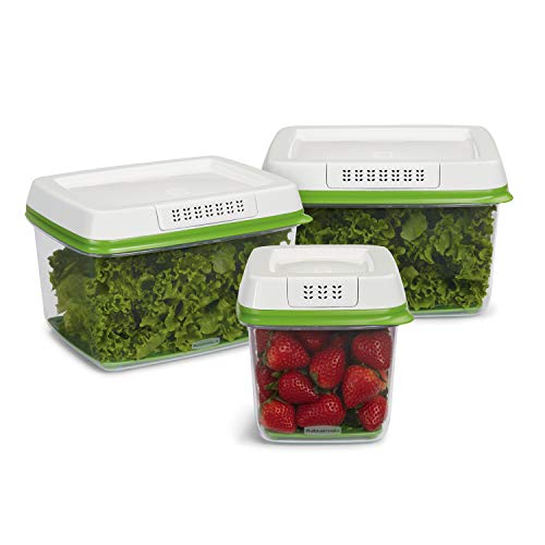Rubbermaid 3-Piece Produce Saver Containers for Refrigerator with Lids for Food Storage, Dishwasher Safe, Clear/Green