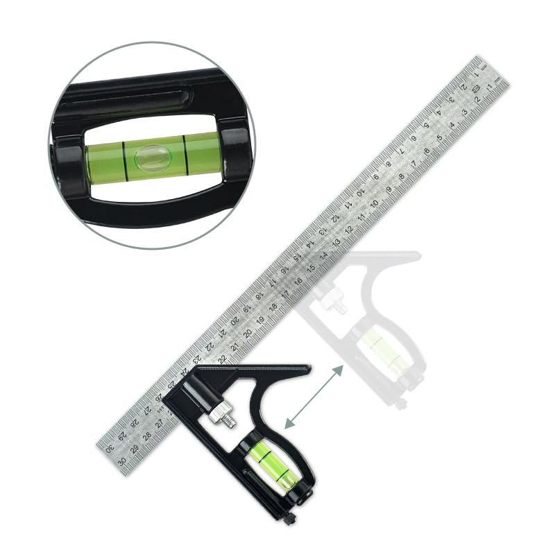 Dtacke 300mm/12 Precise Stainless Steel Adjustable Sliding Combination Square Set Right Angle Ruler Adjustable Leveled Square Head Right Angle Ruler
