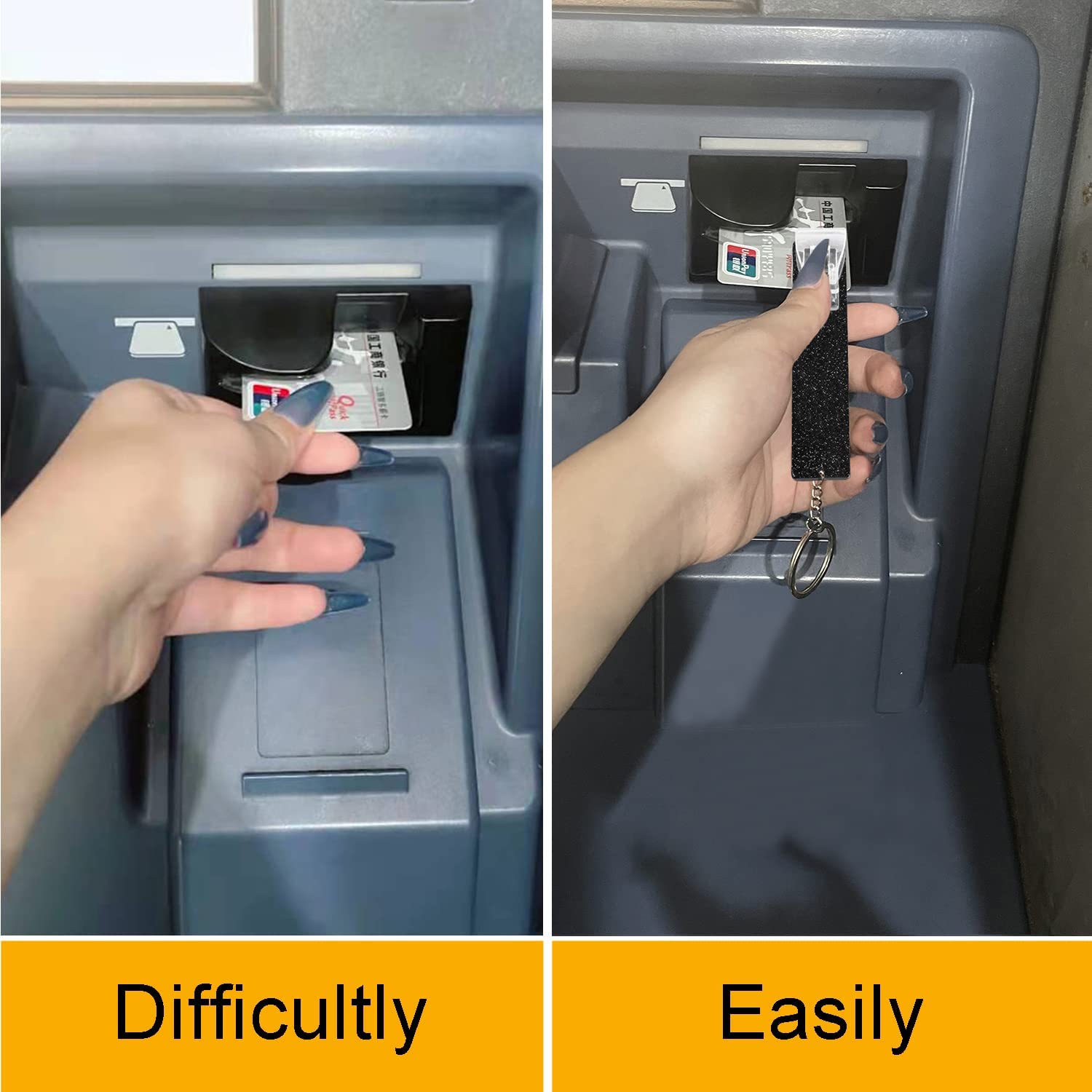 XIANGXING 【Newest Upgraded】 2 Pack Credit Card Puller, Cute Debit Bank Card Grabber for Long Nails ATM Keychain Women with Plastic Clip (Black+Black)
