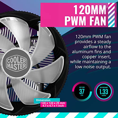 Cooler Master i70C LGA1700 ARGB Intel Low-Profile CPU Air Cooler, Anodized Black Aluminum Fins, Copper Insert Base, 95W TDP CPU Support, 120mm ARGB 3-Pin Fan for Intel LGA1700 For Desktop